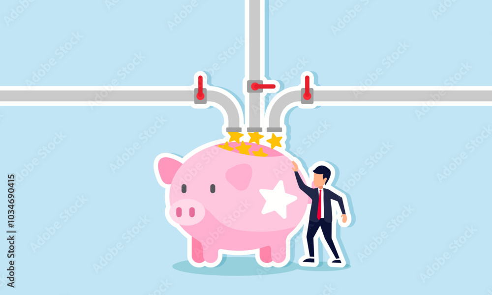 A businessman is filling a piggy bank labeled with a star using several ...