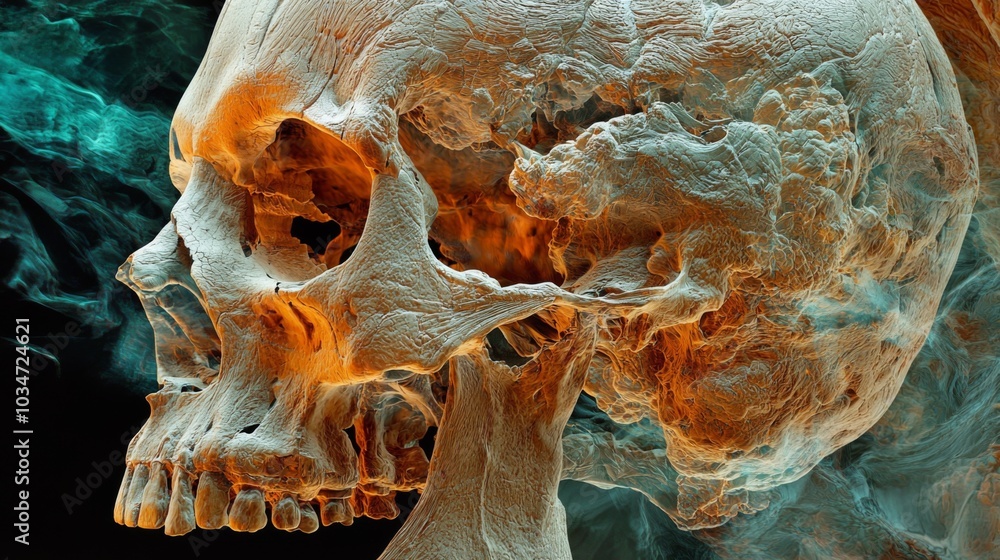AI-enhanced CT scan of a human skull, revealing detailed bone structure ...