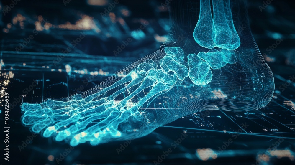 A detailed X ray of a human foot with AI annotations showing potential ...