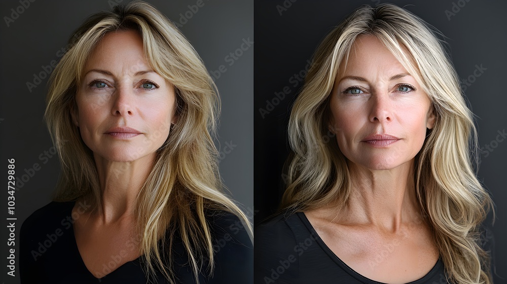 Create a side-by-side photo showing the difference in skin firmness and overall appearance pre ...