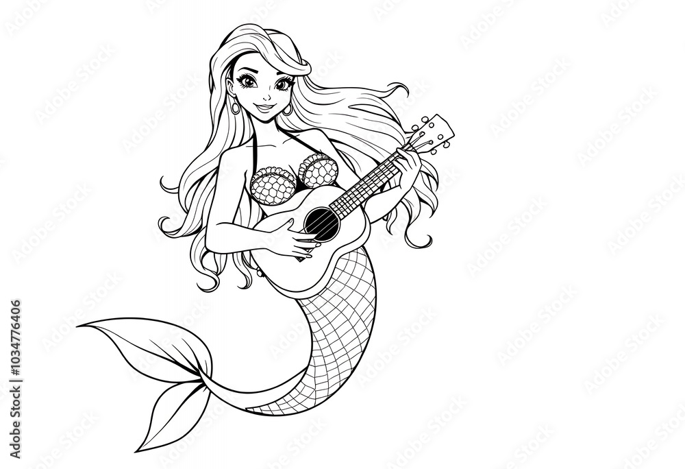 Mermaid Playing Ukulele Fantasy Illustration Line Art Coloring Page ...