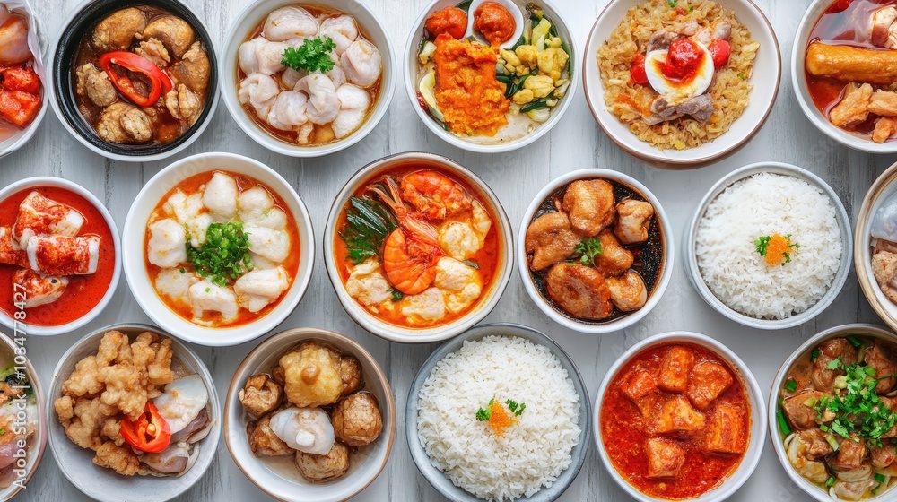 Traditional Singaporean street food stalls at a hawker center, with ...