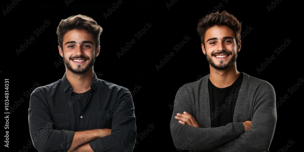 Side-by-side comparison two young men standing their arms Smiling ...