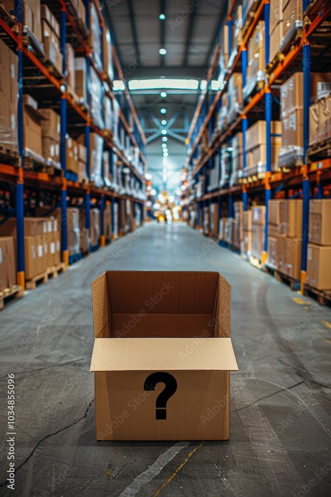 An empty cardboard box with a question mark in a busy warehouse filled ...