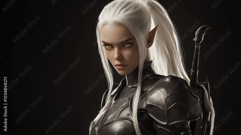 Portrait of a dark elf female in leather armor featuring long white ...