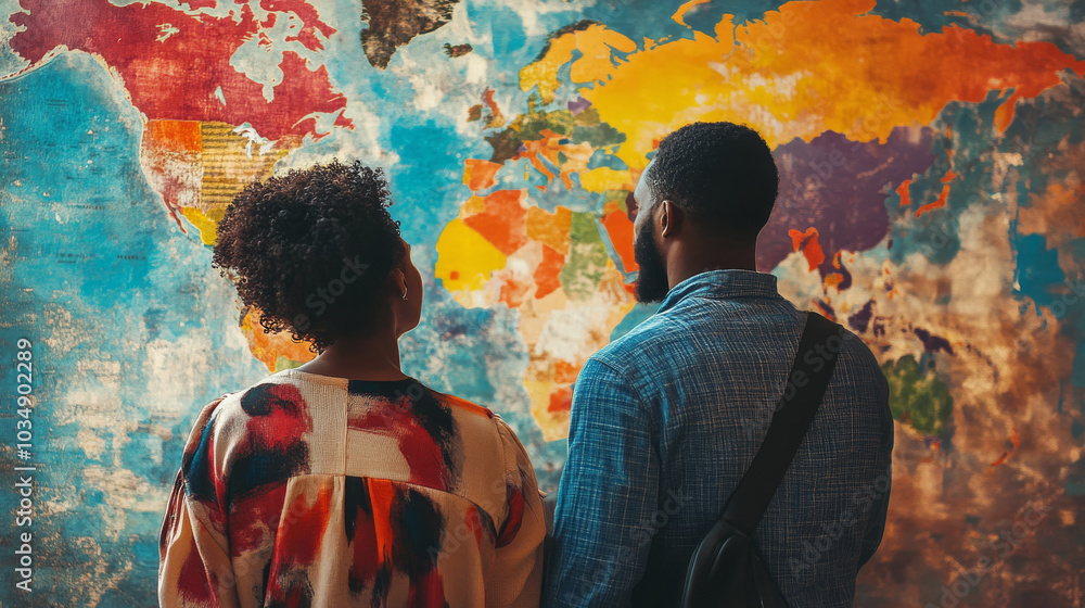 A modern map shows a collage of contemporary art.Man and woman, both ...