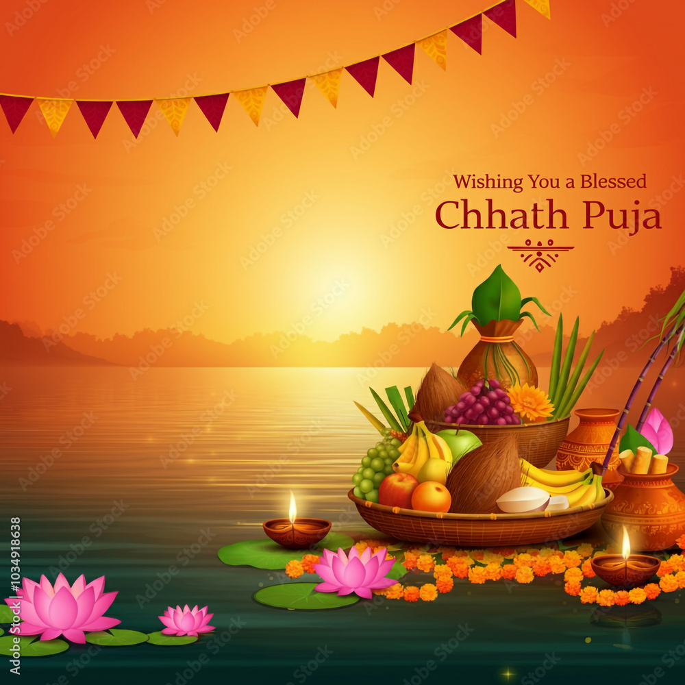 "Wishing You a Blessed Chhath Puja" with offerings by a serene ...