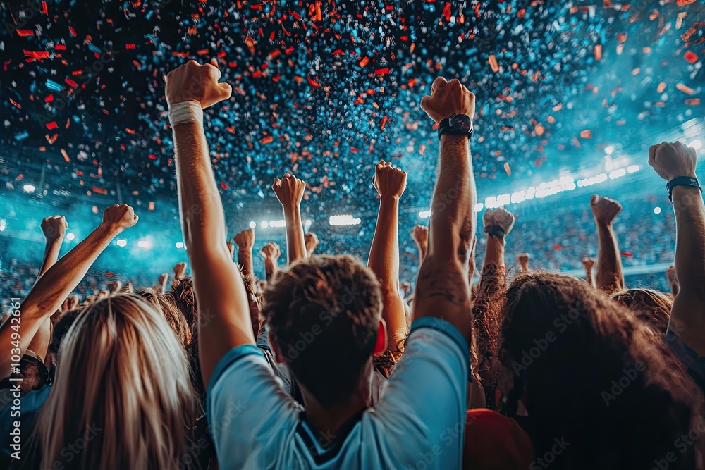 Crowd cheering with arms raised. This image depicts the joy and ...