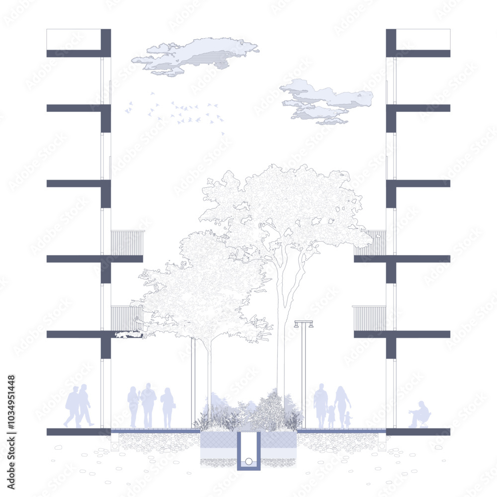 Architectural Drawings, Minimal style cad tree line drawing, Side view ...
