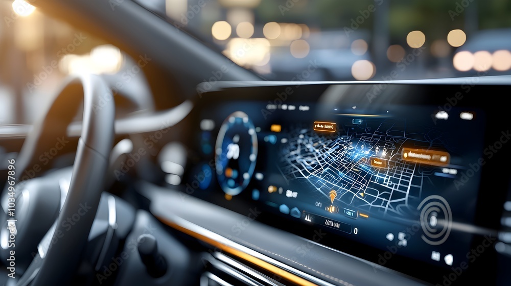 Glowing GPS map interface displayed on a modern sleek car dashboard ...