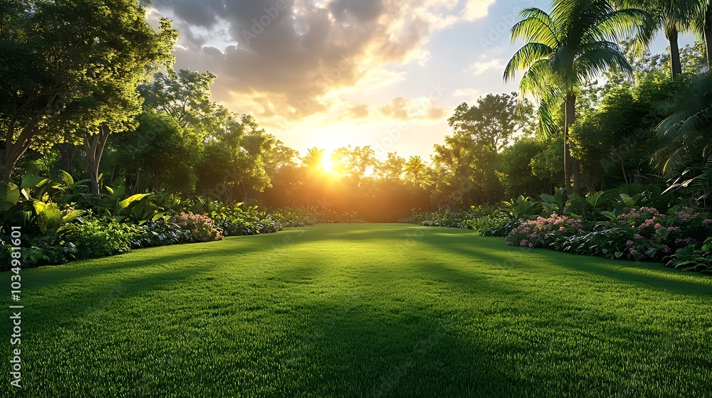 A lush green meadow with a tropical forest and palm trees in the ...