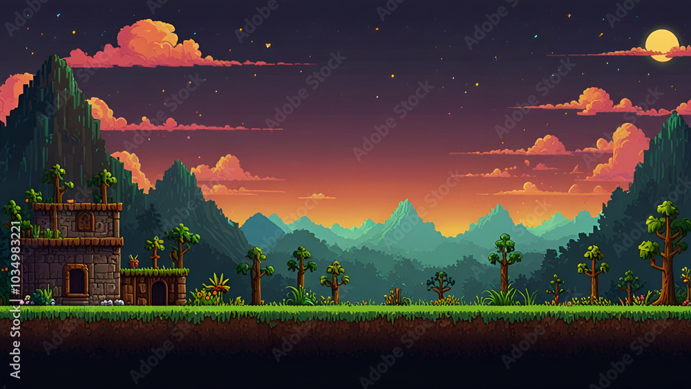 Retro pixel art game background with a "Level Up" button, designed for ...