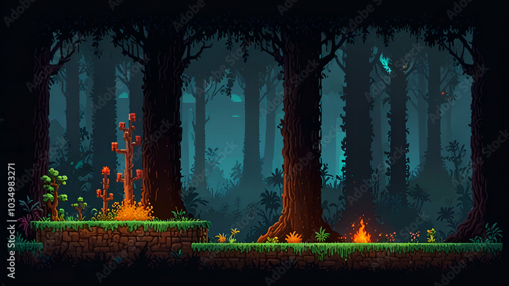Retro pixel art game background with a "Level Up" button, designed for ...