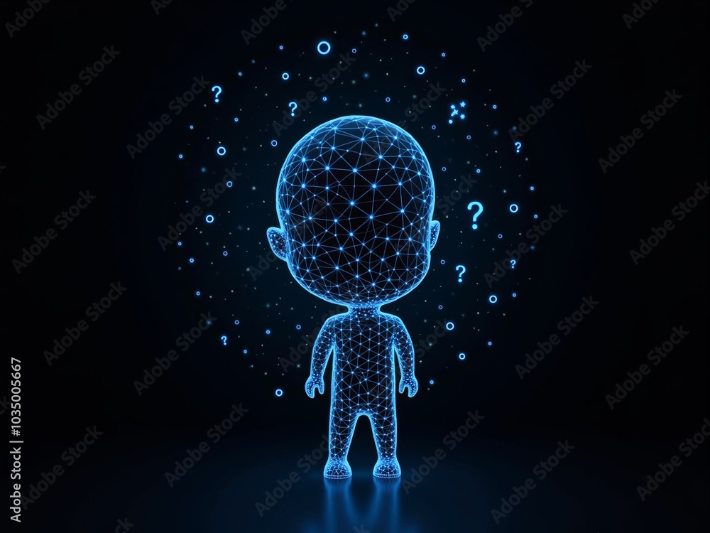hologram display of businessman thinking with question marks around ...