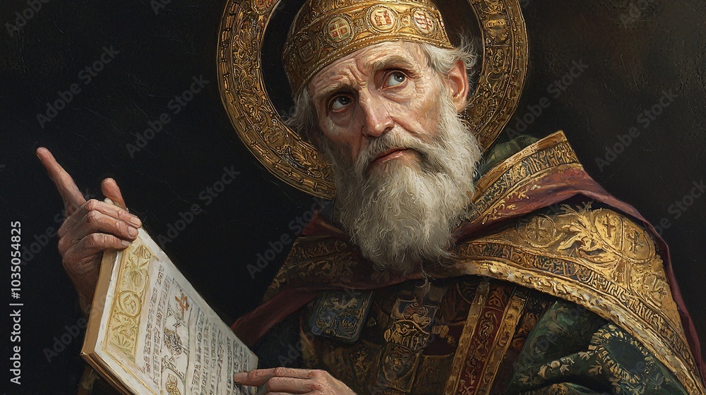 Saint Polycarp, portrayed in traditional attire and clutching a scroll ...