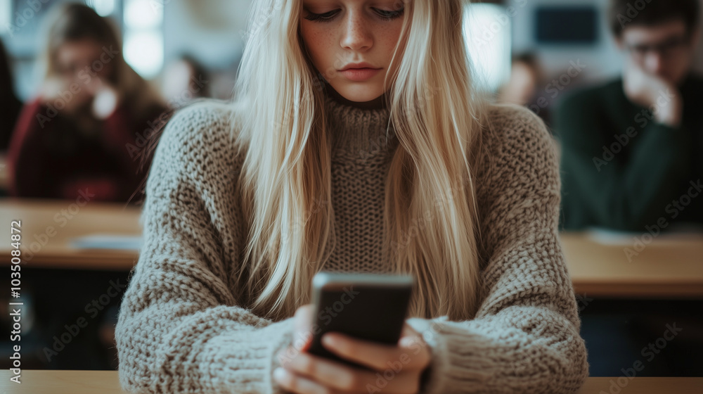 Young student sneaks a peek at her smartphone during a lesson, while ...