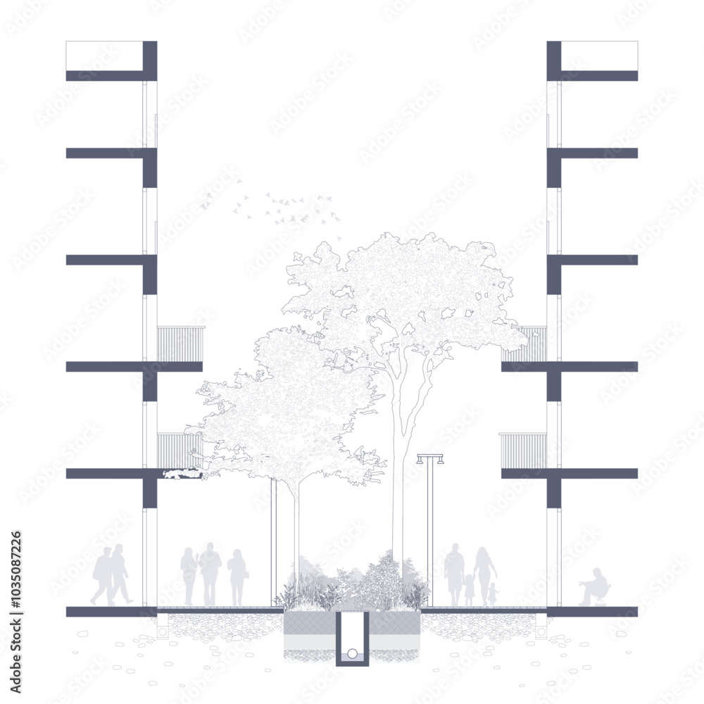 Architectural Drawings, Minimal style cad tree line drawing, Side view ...