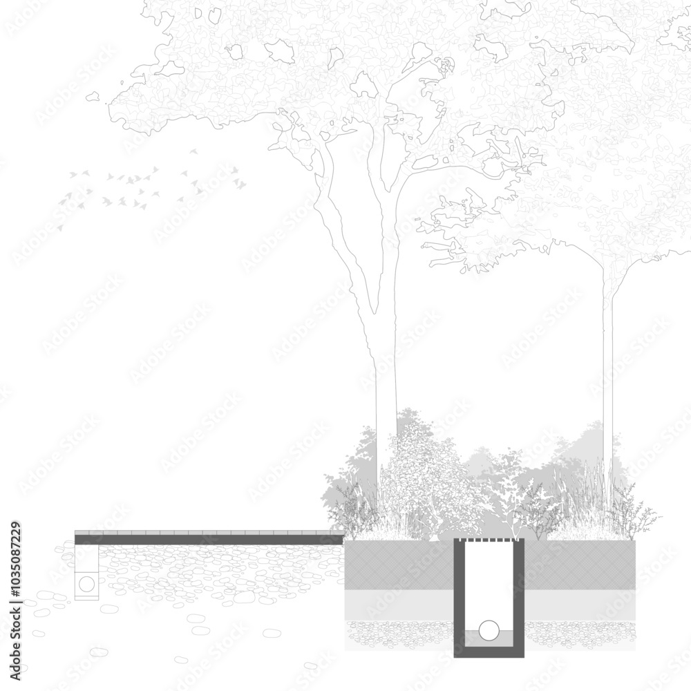 Architectural Drawings, Minimal style cad tree line drawing, Side view ...