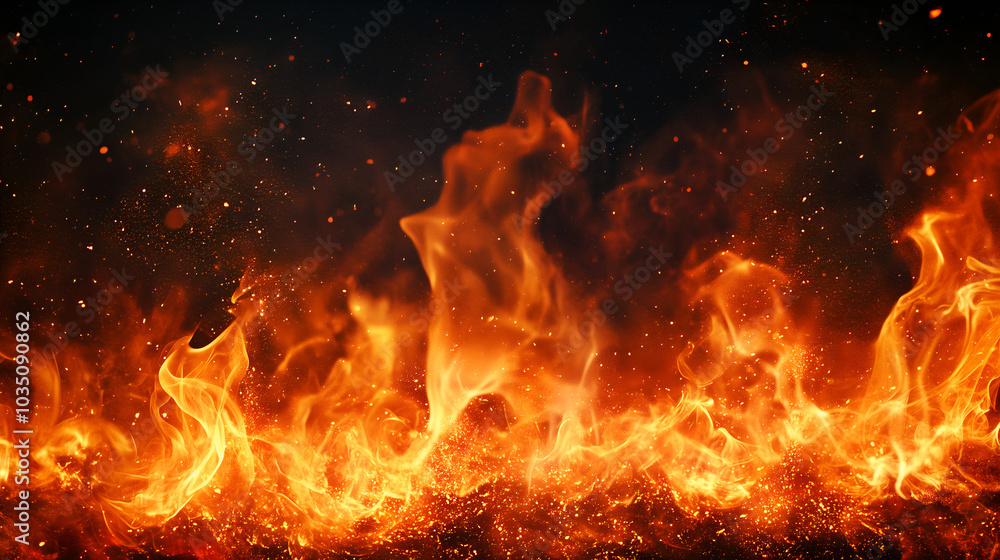 Fire, flames on a black background, burning hot, sparks flying, an ...