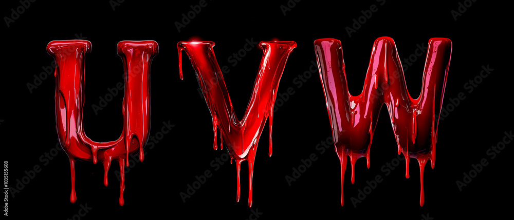 Blood font lettering. Letter U, V, W dripping red liquid text effect ...