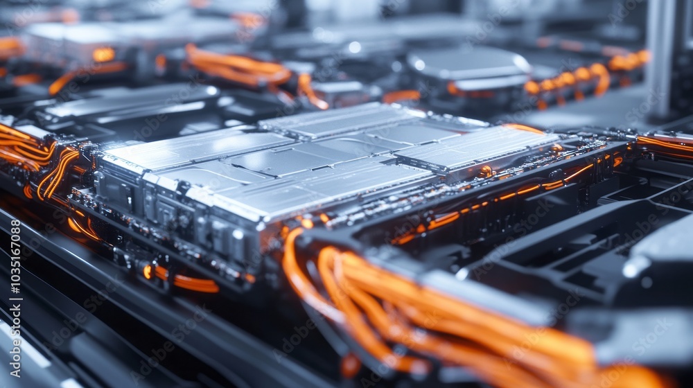 Lithium-ion battery component for electric cars up close. Hybrid ...