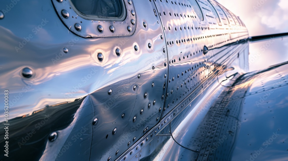 A close-up of an airplane's fuselage and rivets, with reflections of ...