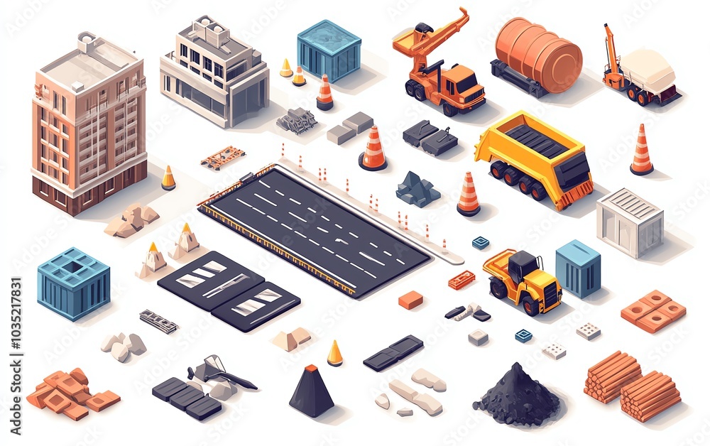 Isometric vector illustration of road construction elements, showcasing ...