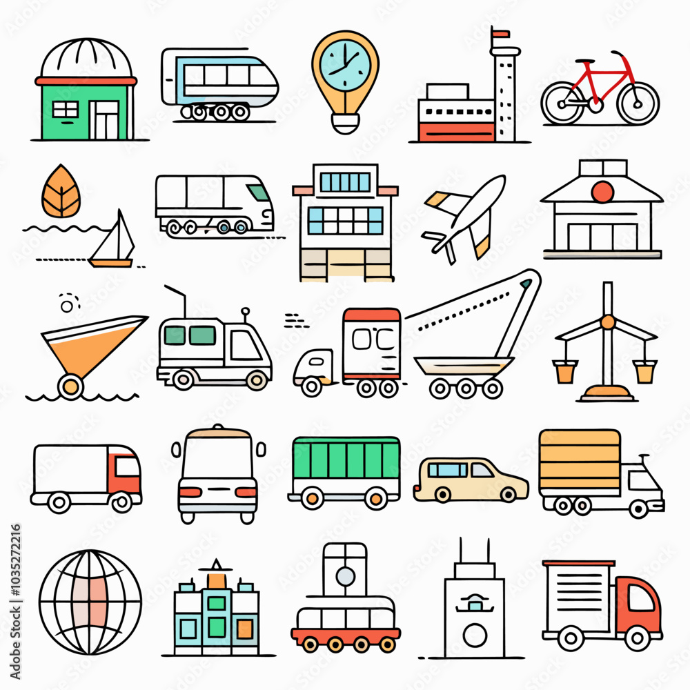 A comprehensive set of 30 line icons representing various modes of ...