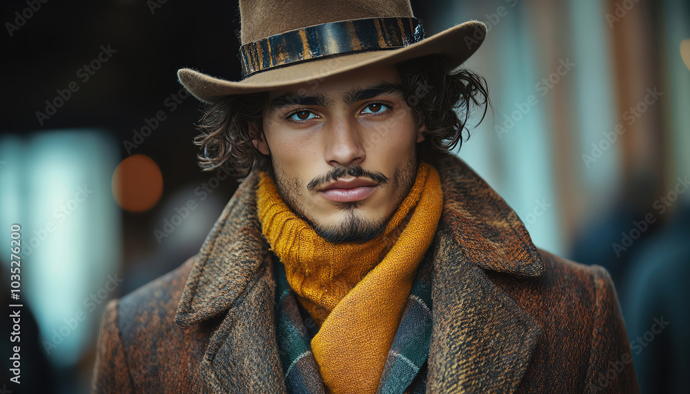 Male model in rich, textured vintage attire walking confidently down a ...