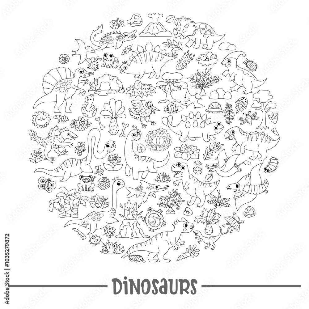 Vector black and white dinosaur round line frame with Pterodactyl ...