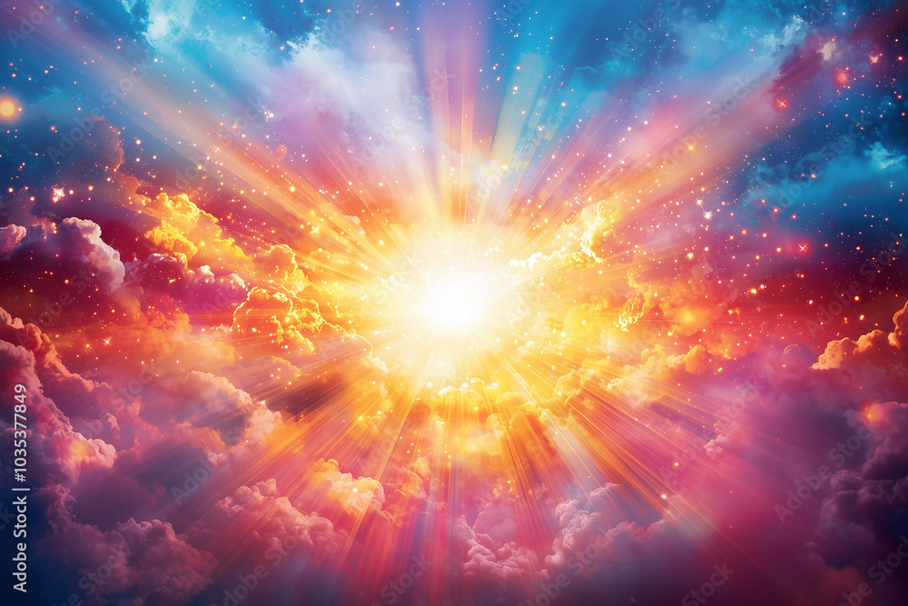 Explosion of color as sun rays burst through a heavenly, divine cloud ...