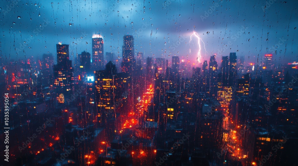 A stormy night in the city, seen through a rain-streaked window, with a ...