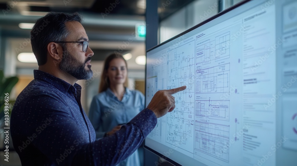 Leader guiding staff through a detailed flowchart on a large ...