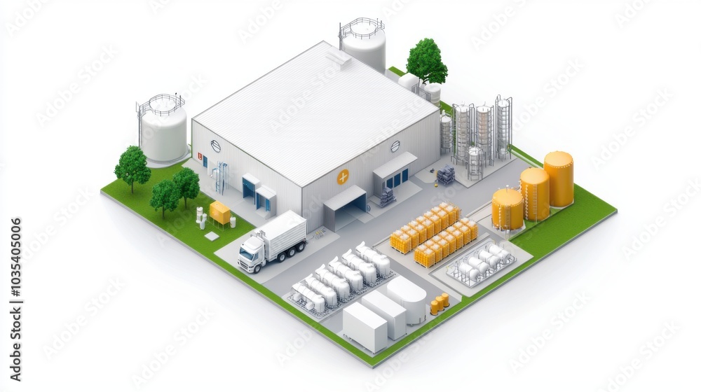 3D isometric illustration of a pharmaceutical manufacturing facility ...