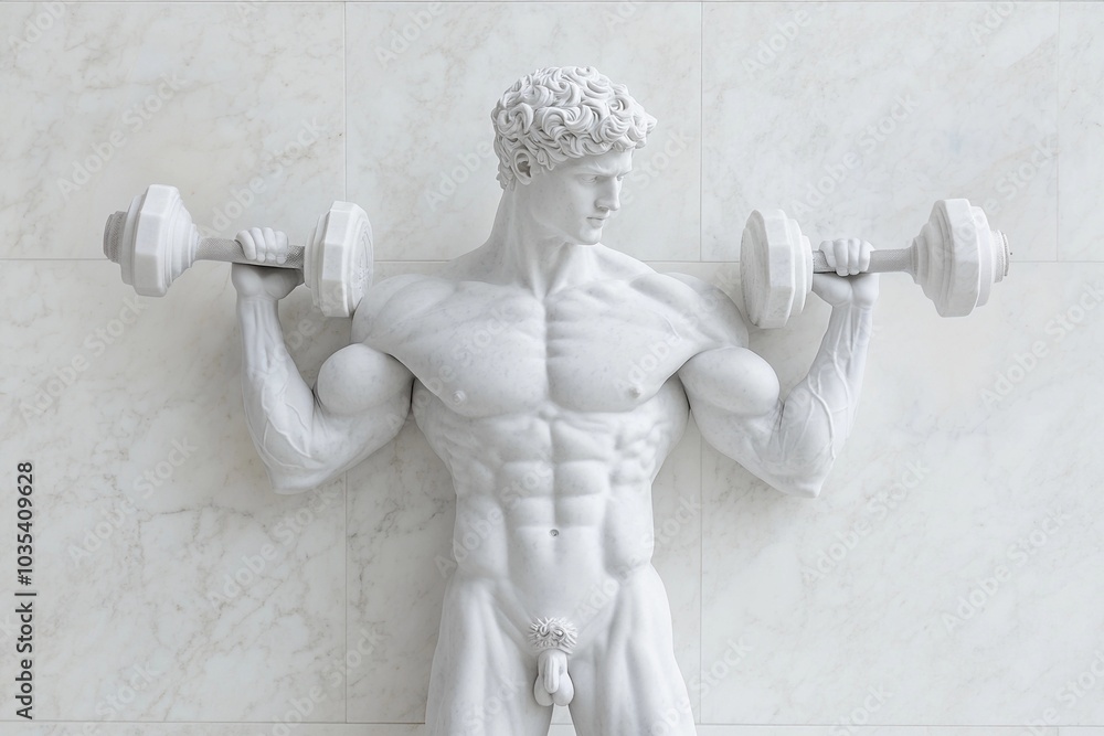 Statue of ancient greek god pumping biceps with dumbbells on white ...