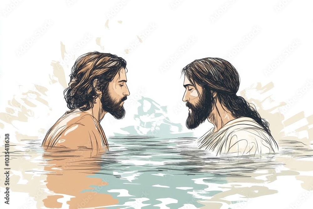 Continuous one line drawing of Jesus is baptized by John the Baptist in the Jordan River ...