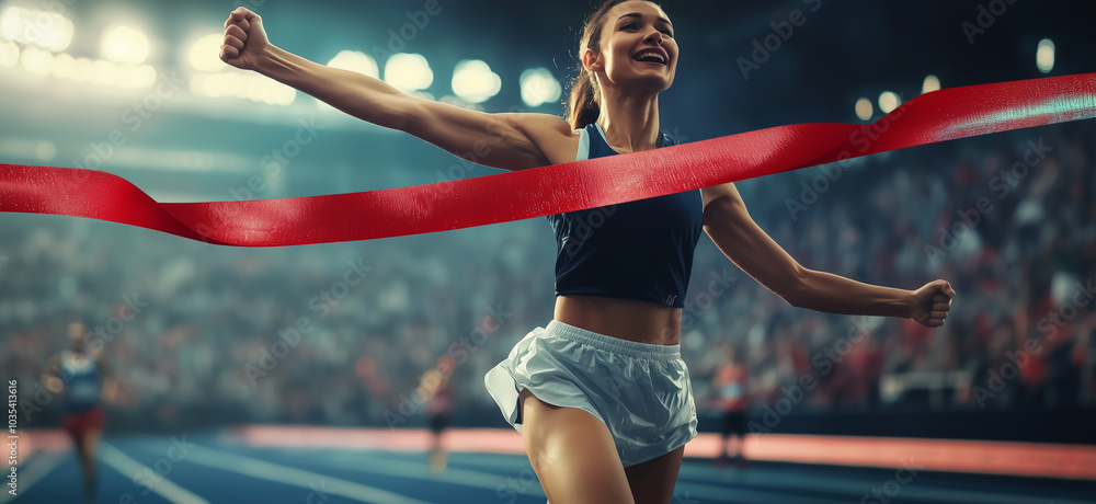 Female athlete crosses the finish line triumphantly, symbolizing ...