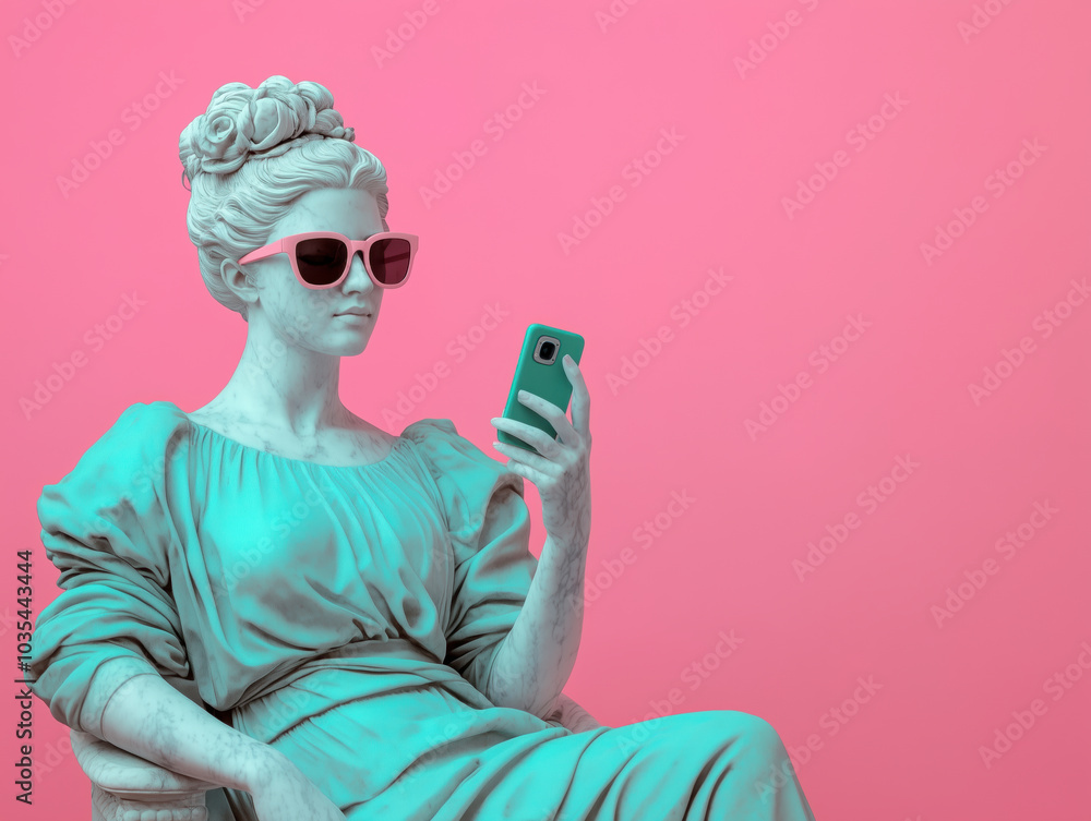 Ancient female statue wearing sunglasses, using a cell phone. Social ...