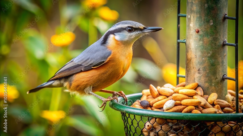 Overhead view captures a Eurasian Nuthatch on a green feeder stocked ...