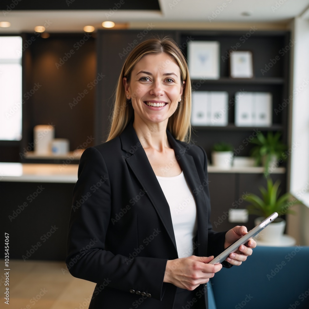 Business-focused office scene featuring a smiling professional woman ...