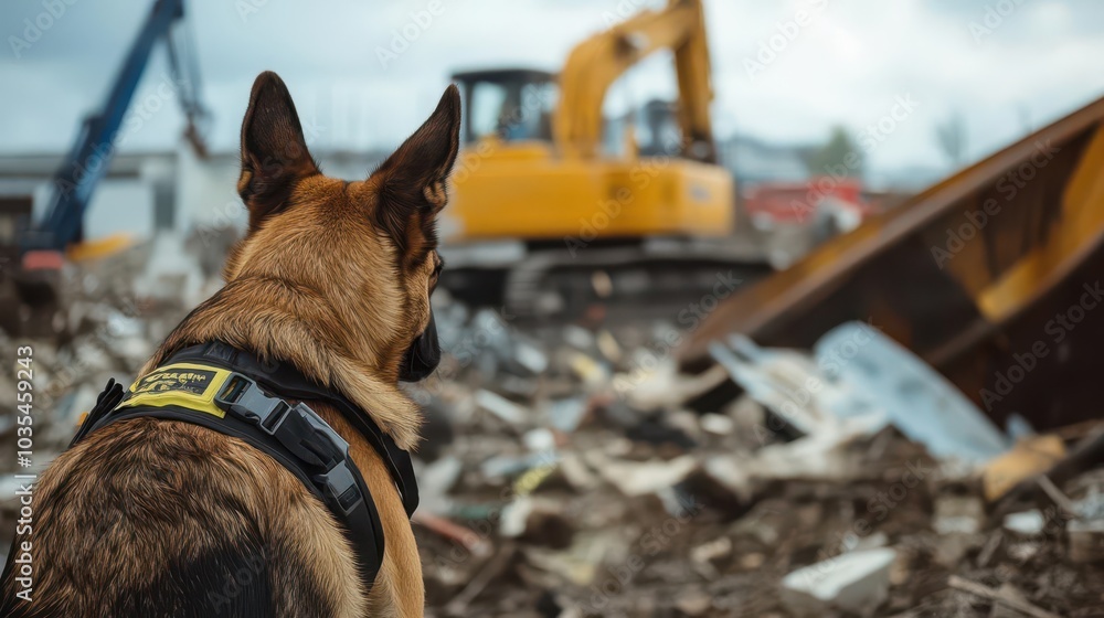 A trained rescue dog wearing a harness searches through debris at an ...