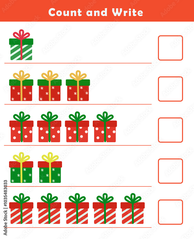 Christmas activity sheet. Count and write numbers 1-5. Counting objects ...