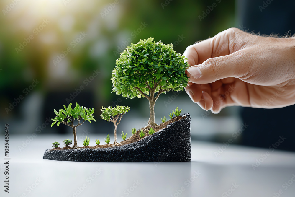 Artistic roadmap with stages of tree growth, starting from sapling and ...
