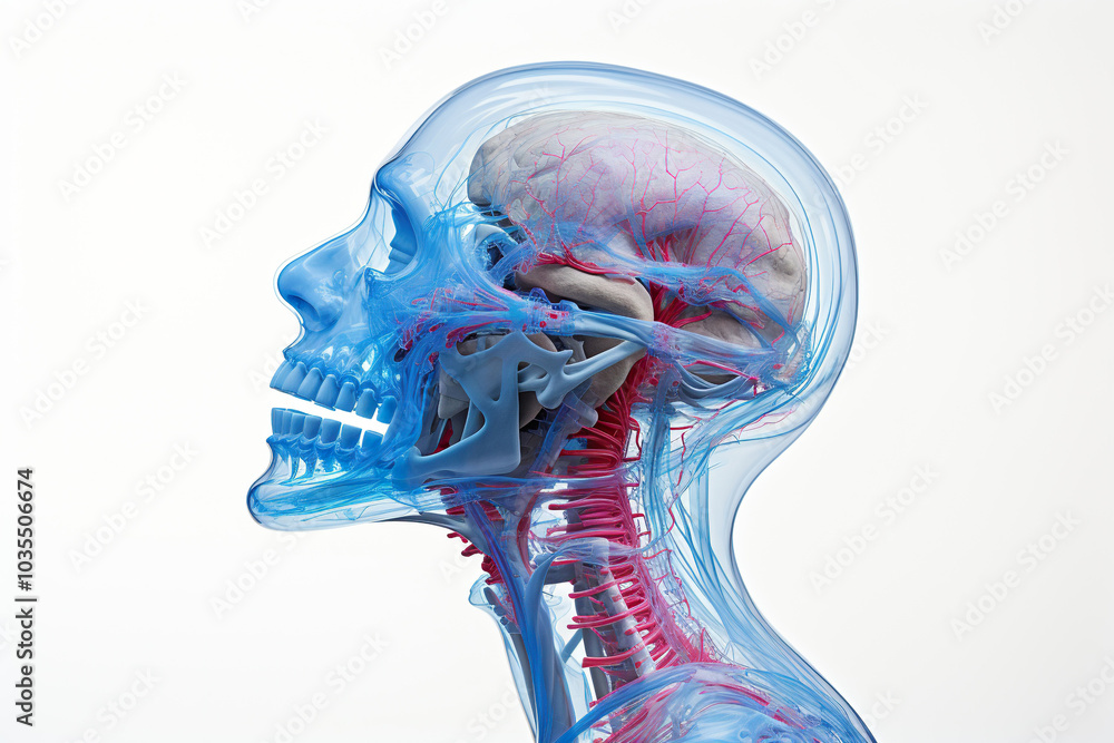 Skull bones of the human head with arteries and veins, anatomy. Human ...