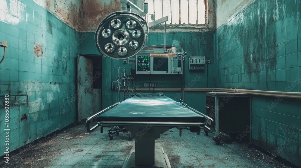 Desolate hospital interior featuring decaying operating equipment ...