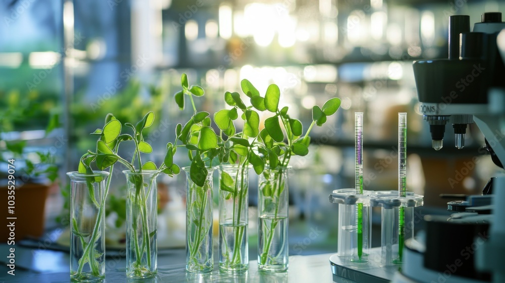Foto stock di Pea (Pisum sativum) plants in a laboratory setting ...