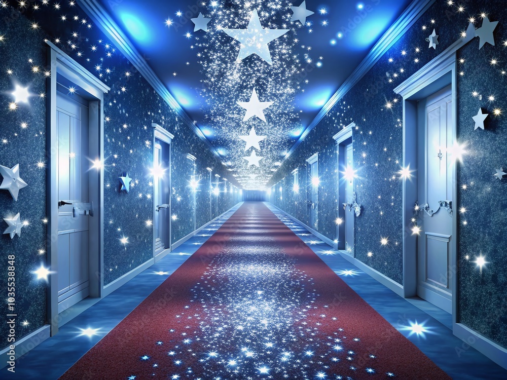 Silver Star Corridor with Blue Carpet and Falling Confetti - 4K ...