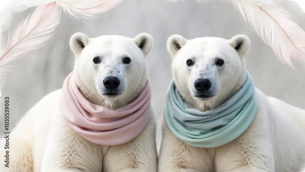 Watercolor Polar Bears Wearing Scarves in a Soft Pastel Floating ...