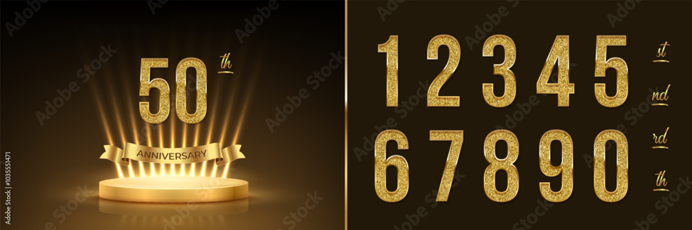 Anniversary gold award podium with glittering numbers set template ...