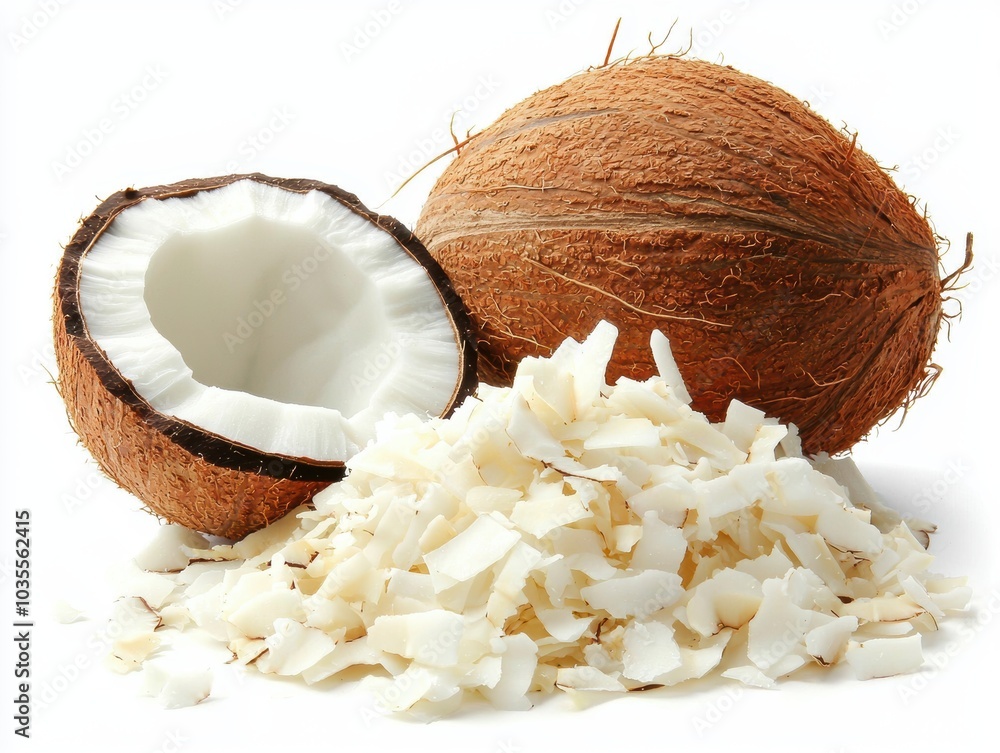 Pile of coconut flakes next to whole coconut Stock Illustration | Adobe ...
